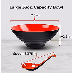 ANNIE'S KITCHEN Japanese Ramen Bowl Set of 4 Naruto Ramen Bowl With Chopsticks and Stands - Large Ramen Bowls Pho Bowls and Spoons Set 16 Piece Melamine (Red)