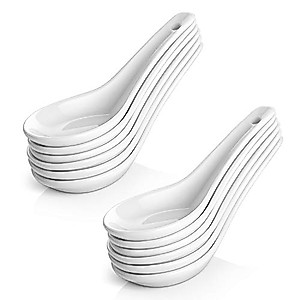 DOWAN 5.3" Asian Soup Spoons Set of 12 - White Ceramic Dessert Spoons- Perfect for Pho, Miso, Wonton, Ramen, Dumpling, Macaron - Dishwasher & Oven Safe