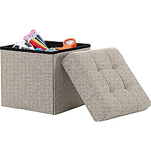 Ornavo Home Foldable Tufted Linen Storage Ottoman Square Cube Foot Rest Stool/Seat - 15" x 15" x 15" (Beige)