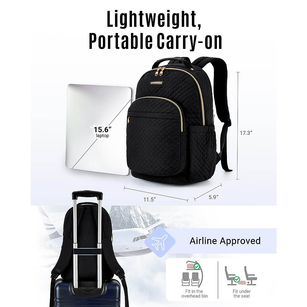 LIGHT FLIGHT Laptop Backpack for Women Laptop Backpacks for 15.6” Notebook Casual Computer Bag Stylish Stitch Pattern Daypack for Work Travel Business College Large Black