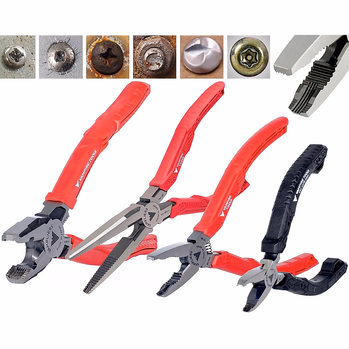 VAMPLIERS 4-Piece Stripped Screw Extractor Pliers Set. Made in Japan: 8" Linesman, 7.5" Long Nose, 6.25" Multipurpose & 5" ESD Safe Pliers. Remove any Stripped/Damaged/Rusted Screws.
