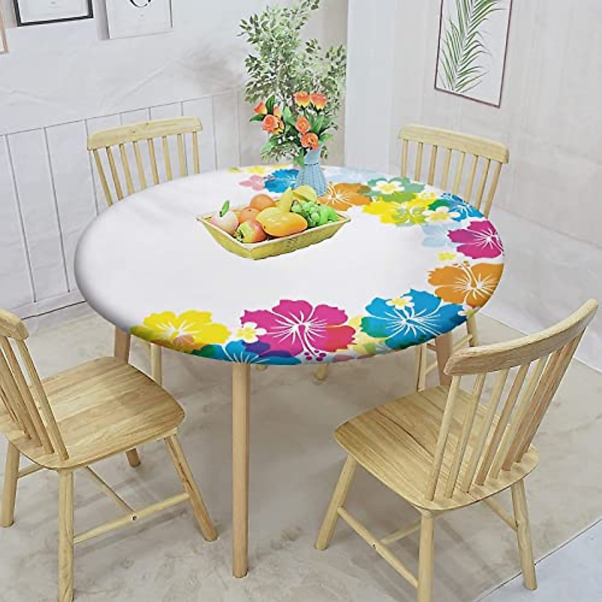 Luau Elastic Edged Polyester Fitted Table Cover,Vibrant Colorful Border Design Blossoming Print Round Fitted Tablecloth, XLarge, Fit Round Tables up 59"-63" Diameter, for Wedding Party Dining Banquet