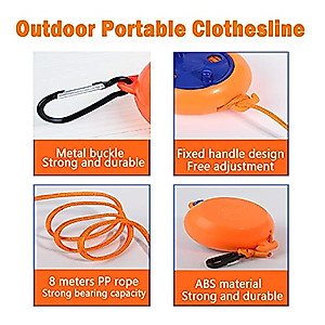 QeeHeng Camping Retractable Clothesline,Adjustable 26ft Camping Clothesline,with 20 Windproof Clothespins,10 Stoppers
