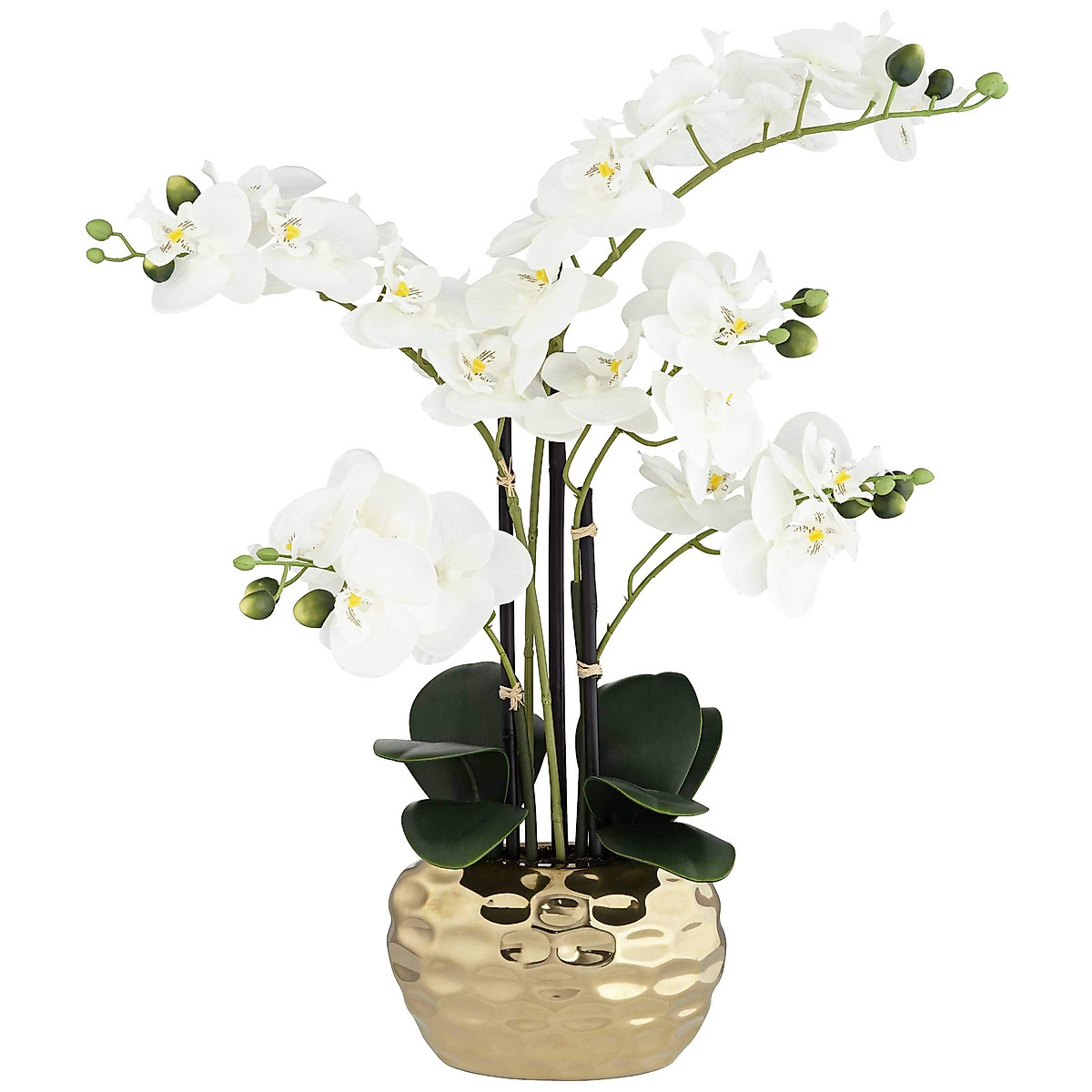 Dahlia Studios Potted Faux Artificial Flowers Realistic White Phalaenopsis Orchid in Silver Gold Ceramic Pot Home Decoration Living Room Office Bedroom Bathroom Kitchen Dining Room 23" High
