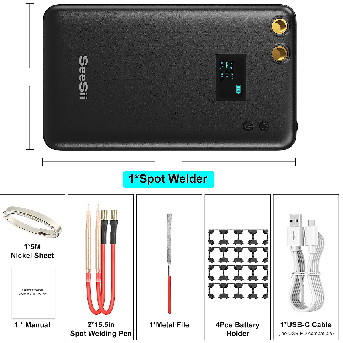 Spot Welder, Seesii 80 Gears Adjustable Portable Spot Welder with LCD Screen,Built-in 6000ma-h Battery Spot Welder with 5m Nickel & 4X4 Holders for 0.1/0.15mm Nickel Strip Welding Making Battery Packs
