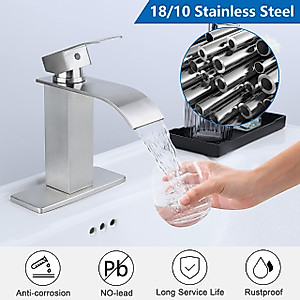 Homikit Waterfall Bathroom Sink Faucet with Pop Up Drain, Brushed Nickel Bathroom Faucets for Sink 1 or 3 Hole, 18/10 Stainless Steel Bath Vanity Faucet Single Handle, Farmhouse Faucets with Deck