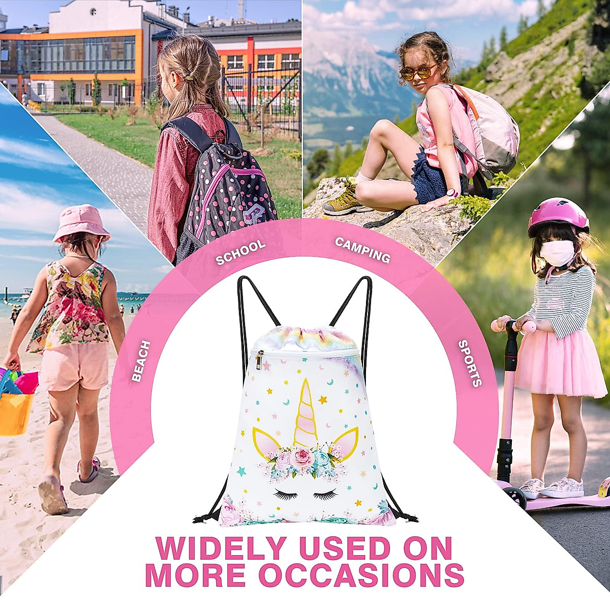 WAWSAM Rainbow Kids Drawstring Backpack - 13" x 18" Sports Gym Bag for Girls Waterproof Beach Swimming Travel Sackpack Birthday Christmas Gift with Zippered Pocket