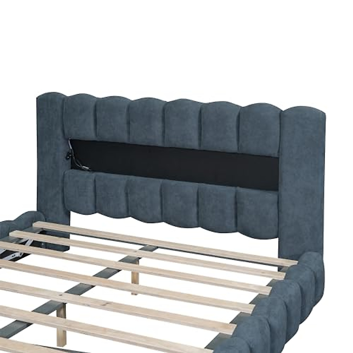 HAUSHECK Upholstered Bed Frame Queen Size with Large Underneath Storage, LED Headboard and USB Ports, Queen Floor Bed Frame w/Wooden Slats Support, Modern Platform Bed No Box Spring Needed