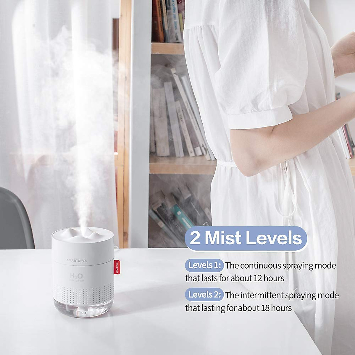 SmartDevil Small Humidifiers, 500ml Desk Humidifiers, Whisper-Quiet Operation, Night Light Function, Two Spray Modes,Auto Shut-Off for Bedroom, Babies Room, Office, Home (White)