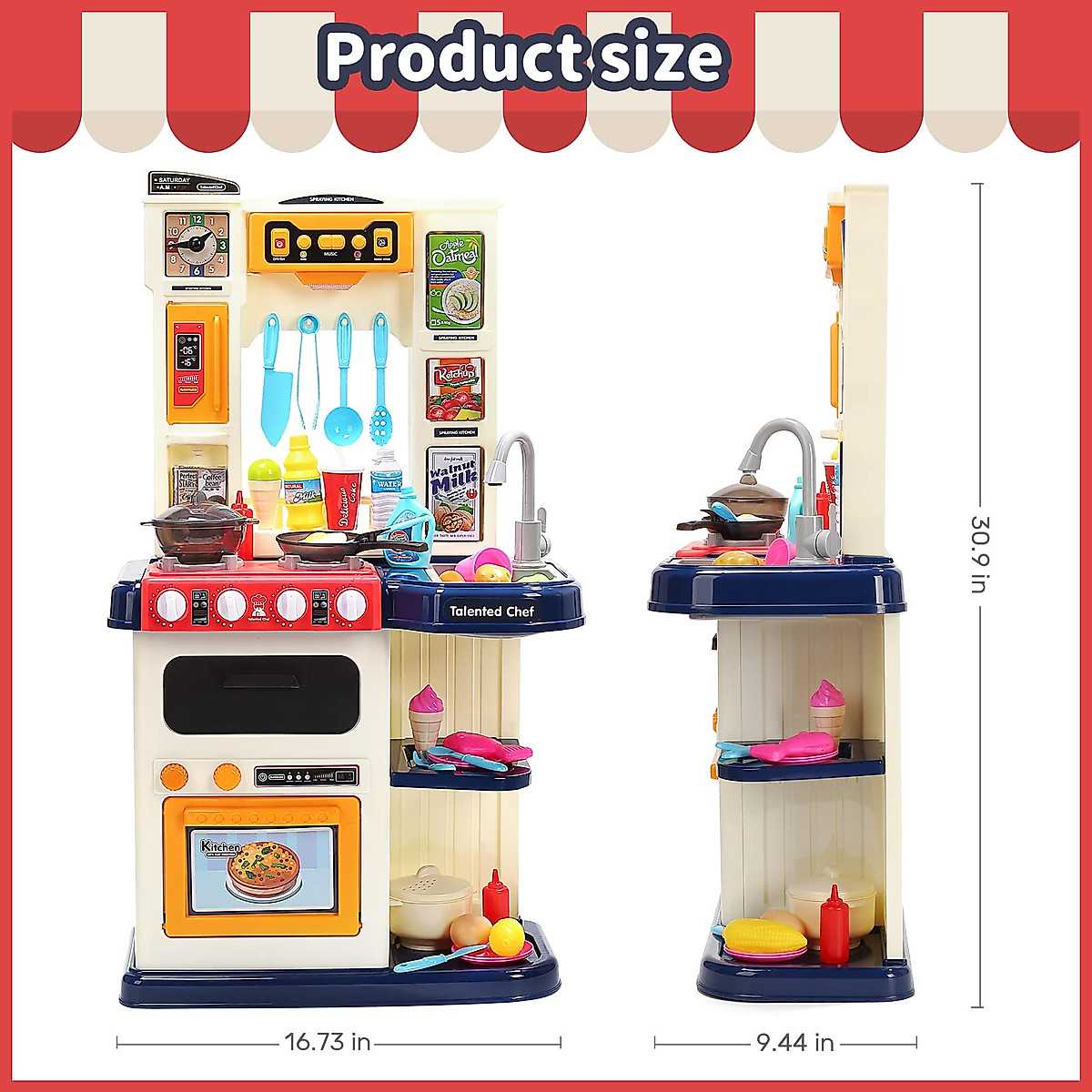 CUTE STONE Play Kitchen, Kids Kitchen Playset with Real Sounds & Lights, Pretend Play Food Toys, Play Sink, Cooking Stove with Steam, Toddler Kitchen Toy Gift for Boys and Girlis (Blue)