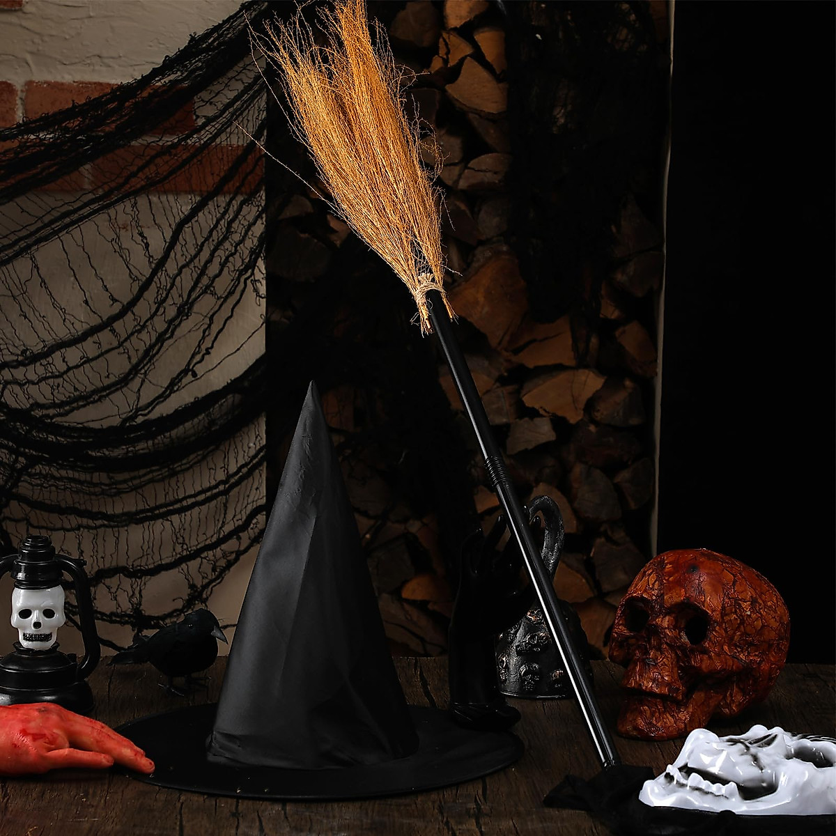Panitay 6 Pieces Halloween Witch Broom Hat Set, Includes 3 Pcs Realistic Witch Brooms and 3 Pcs Black Witch Hats, Halloween Witch Accessories for Halloween Party Cosplay Props Costume Accessories