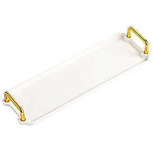 Porcelain Serving Tray with Gold Handles, 14 x 4 inch White Decorative Tray with 1”Wall, Long Narrow Coffee Table Tray Rectangular Tea Tray Decor with Gold Rim for Party, Entertaining S Halyuhn