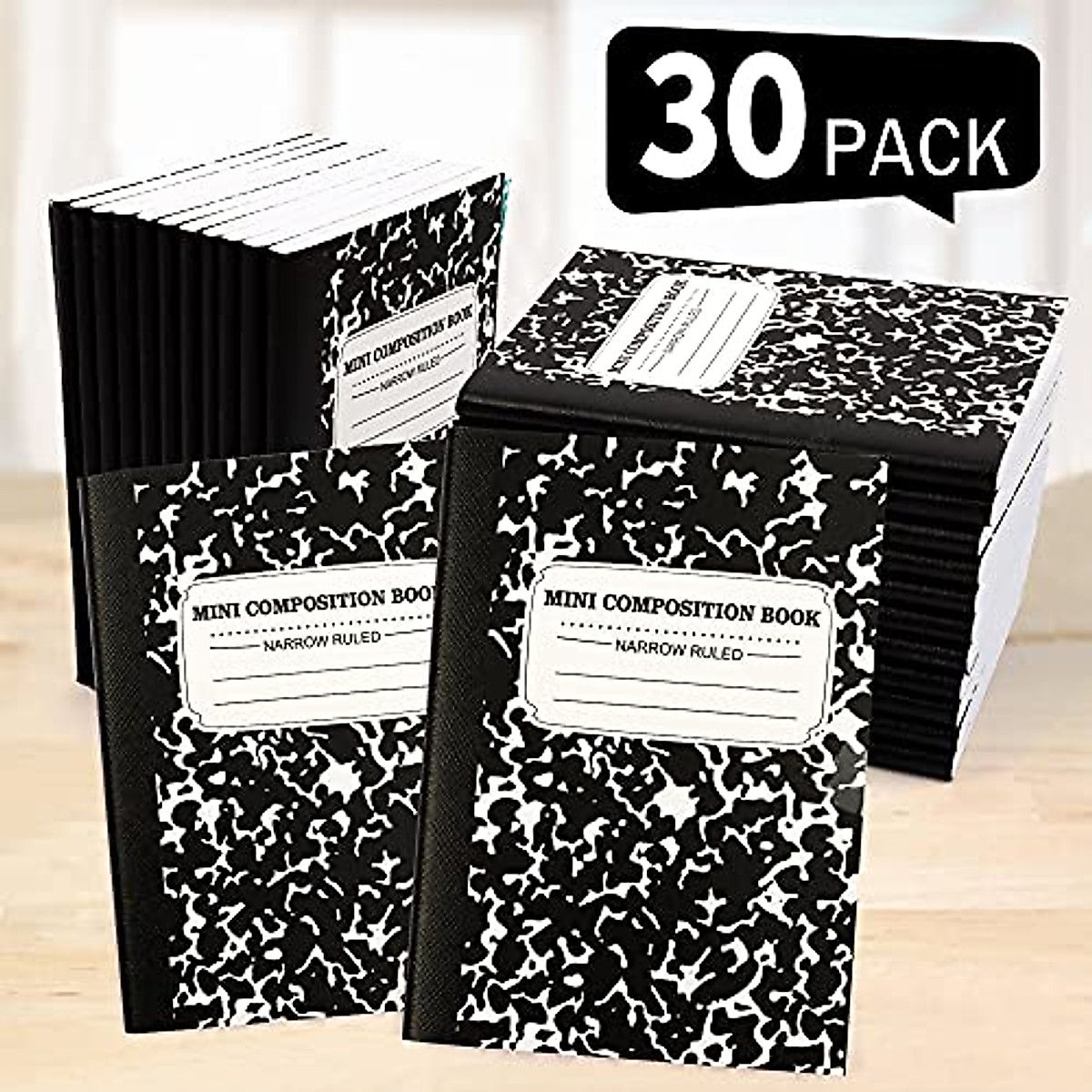 Mini Composition Notebook, Cute 30 Pack Black Narrow Ruled Mini Composition Books Bulk by Feela, Small Pocket Marble Journal Notebooks for Kids Students College Office, Pocket Size 4.5 x 3.25 in