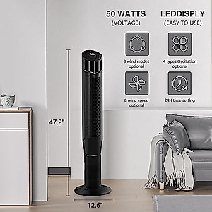 R.W.FLAME Tower Fan, 360° oscillating standing fan Room Fan Portable Bladeless Quiet Floor Fan with Remote, 8 Speeds, 3 Modes, 24H Timer for Bedroom and Home Office Use(47-inch, BLACK)