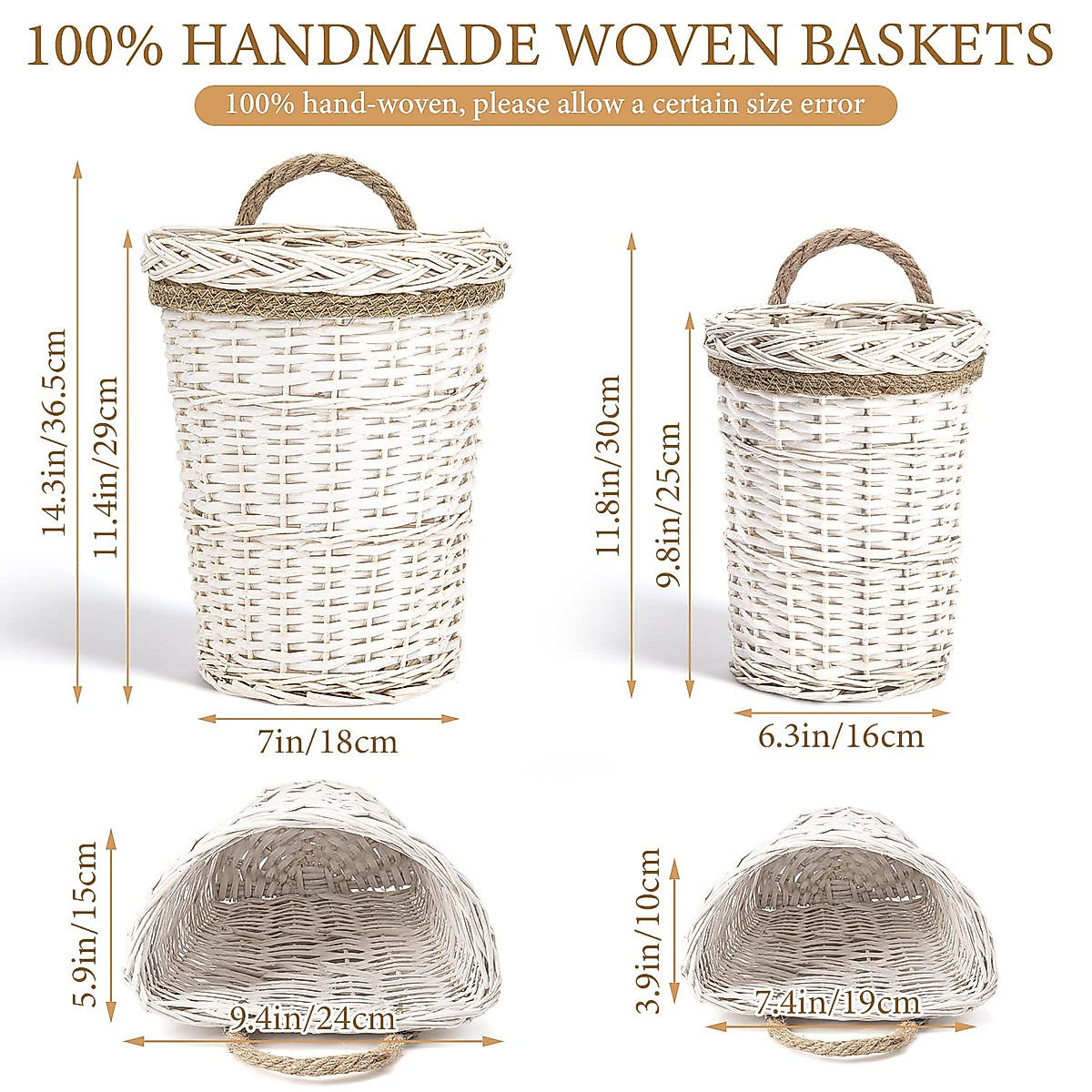 AceList Set of 2 Handmade Wall Hanging Baskets - Woven Wicker Wall Baskets Perfect for Boho Rustic Farmhouse Wall Decor(White)