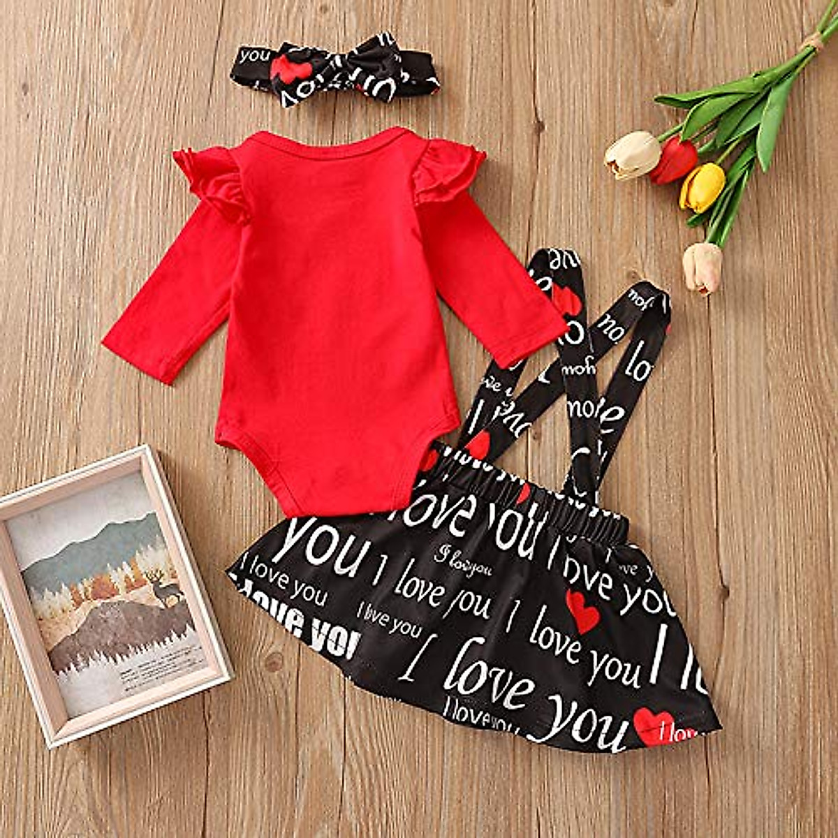 My First Valentine's Day Baby Girl Outfits Ruffle Long sleeve Romper Tops+Suspender Skirt+Headband Clothes Sets (Red, 0-3 months)