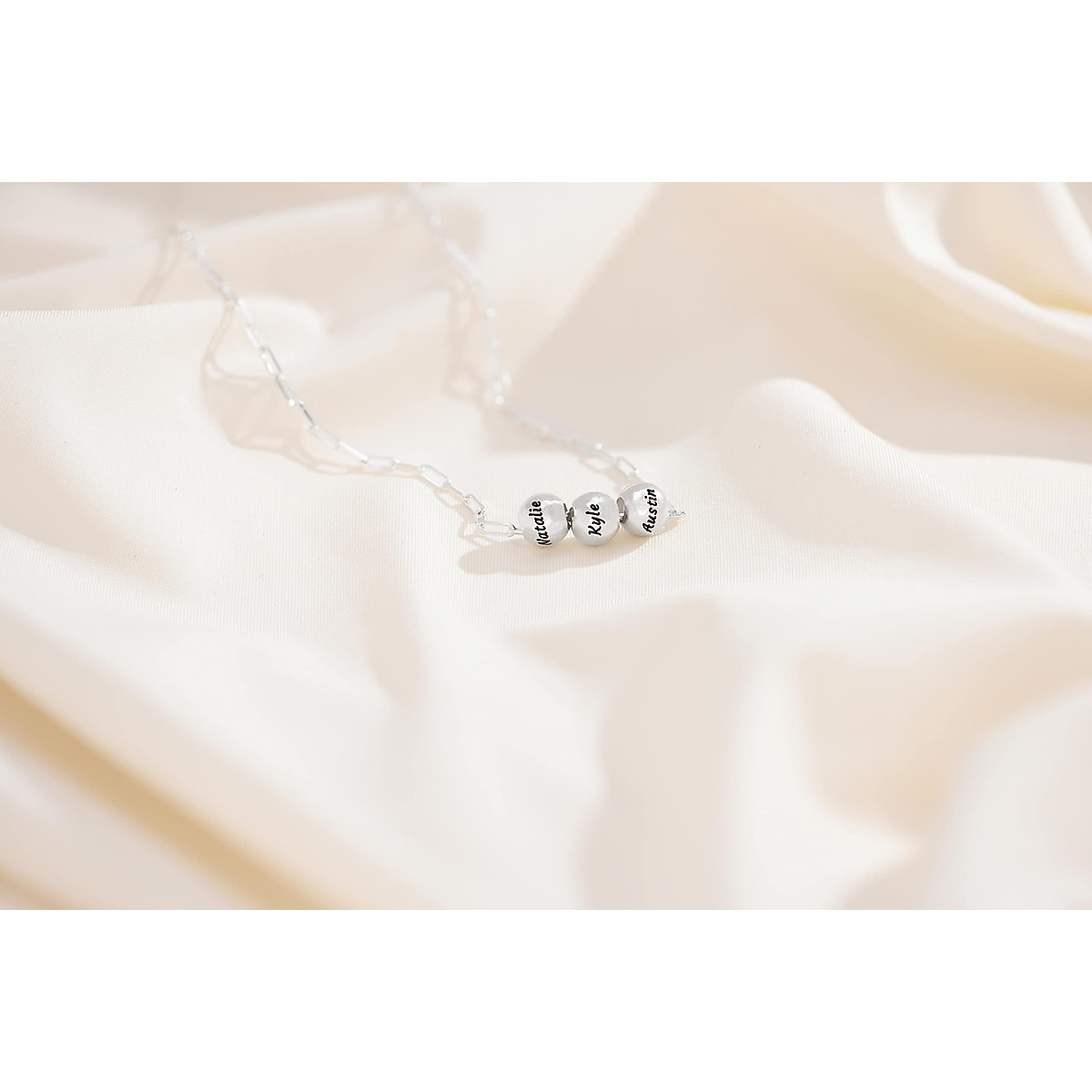 MYKA - Personalized Paperclip Link Chain Necklace With Up to 8 Ball Beads / Engrave Any Name / Diamond Option -Sterling Silver, Gold, Rose Gold / Customized Gift For Woman For Mother's Day, Birthday,