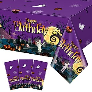 3 Pack Halloween Birthday Party Tablecloth, Happy Birthday Halloween Table Cover, Pumpkin Ghost Spooky Castle Halloween Party Supply for Boy Kids Girl, Halloween Birthday Party Decoration 108x54 Inch