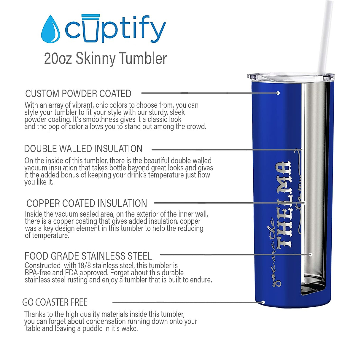 Cuptify You are the Thelma to my Louise Skinny Tumbler with Lid and Straw Laser Engraved on Blue 22 oz Vacuum Insulated Gift for Women, Best Friend, Sister