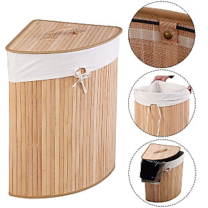 GOFLAME Corner Bamboo Laundry Hamper with Lid and Removable Liner, Washing Clothes Basket Storage Bin with Handle, Suitable for Bedroom, Bathroom, Laundry (Natural)