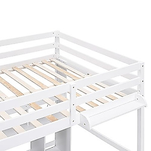 SIYSNKSI Full Size Loft Bed with Desk, Wood Loft Bed Frame with LED Light and Bedside Tray, Multi-Storage Loft Bed with Charging Station for Kids Teens Adult Bedroom