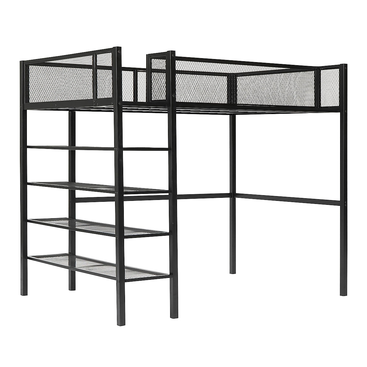 Bellemave Twin Size Metal Loft Bed with 4-Tier Shelves and Storage, Loft Bed with Bookshelf (Black)