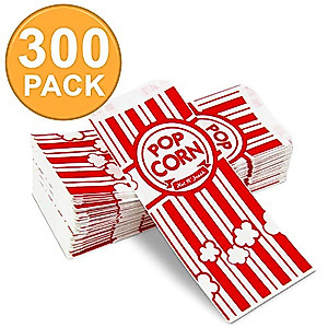 [300 Pack] Popcorn Bags 1 oz - Small Disposable Paper Popcorn Container, Red and Kraft Striped Leak Proof Flat Bottom for Movie Night Snacks, Concessions, Birthday Party, Circus Carnival Decorations