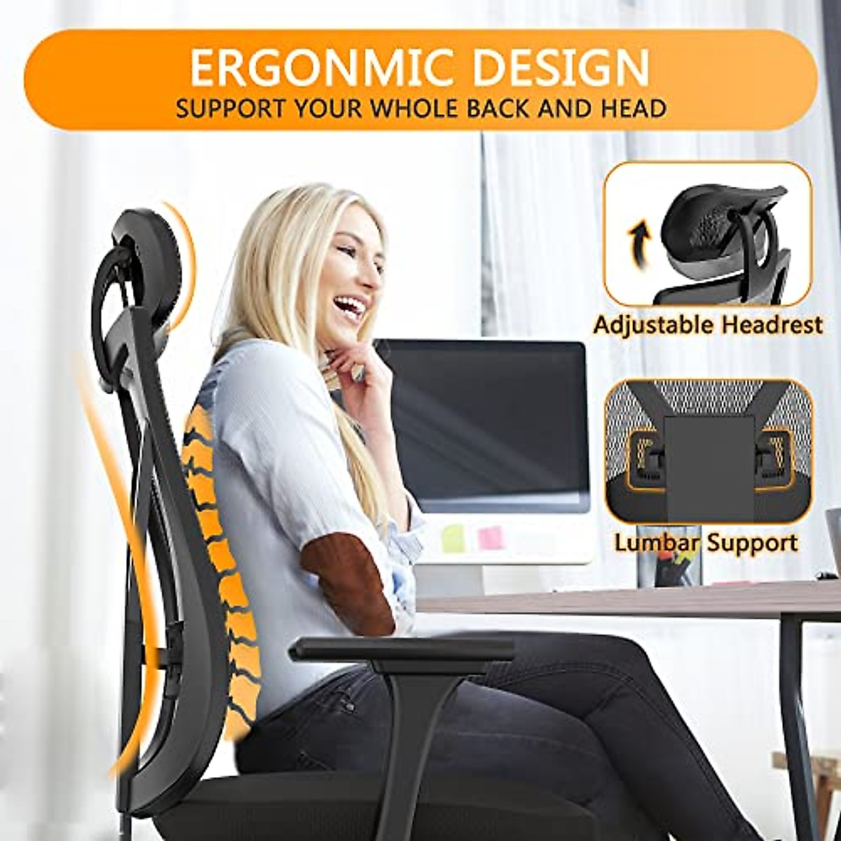 Ergonomic Office Chair, High Back Desk Chair, Adjustable Headrest with 3D Armrest Chair, Lumbar Support and Tilt Function with 120° Rocking Computer Chair for Home or Office