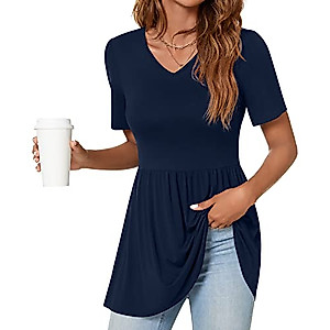 TAOHUADAO Women's 2023 Short Sleeve Tunic Tops Pleated Flare Blouse Hide Belly Shirts V-Neck Babydoll Tops Large, Navy Blue