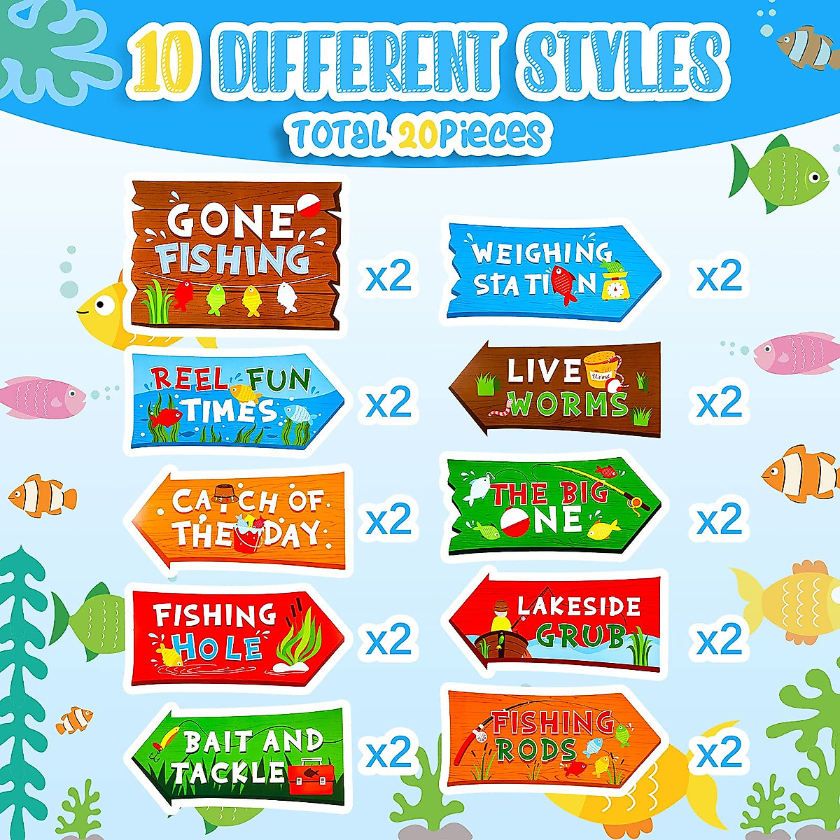 20 Pieces Gone Fishing Party Directional Signs The Big One Welcome Signs Backyard Door Cutouts Summer Birthday Baby Shower Party Favor Ideas Decoration Supplies