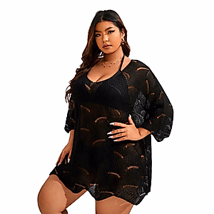 MakeMeChic Women's Plus Size Swimsuit Crochet Cover Up Bathing Suit Beach Dress Black 3XL
