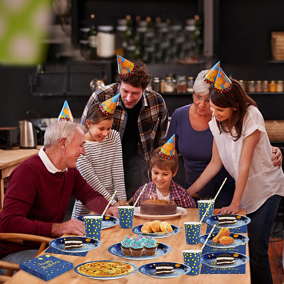 Kederwa Navy Blue and Gold Happy Birthday Plates and Napkin Party Supplies, 20 Guest Birthday Paper Plates and Cup Napkin Straws for Blue and Gold Party Tableware