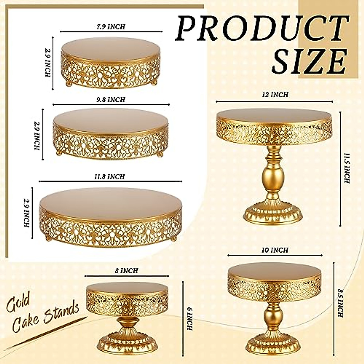 Tioncy Set of 6 Gold Cake Stand Round Metal Cake Stands Antique Gold Dessert Display Cupcake Pastry Candy Display Plate for Wedding Birthday Party Event Bridal Celebration Table(Hollow)