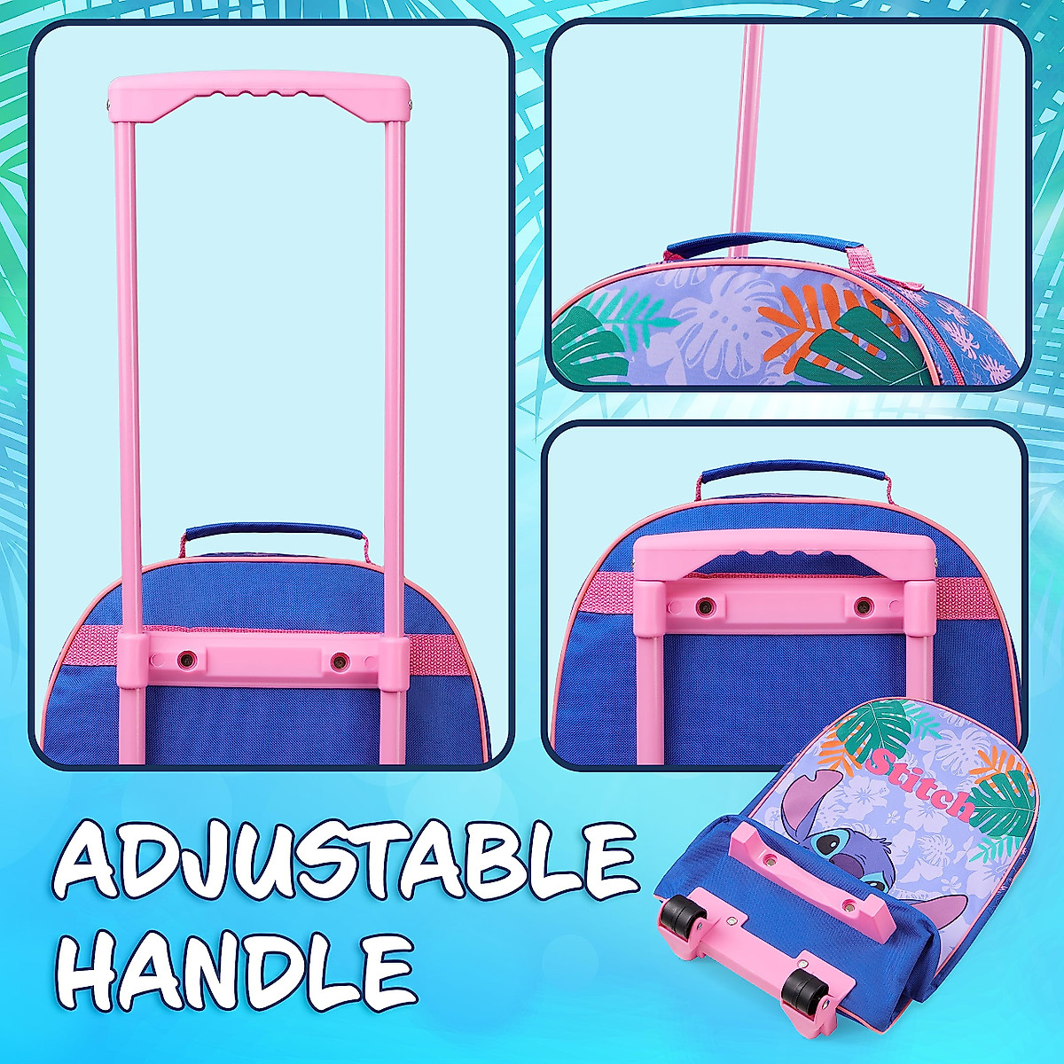 Disney Kids Suitcase - Foldable Trolley Bag 47 x 30cm, 2 Wheels Extendable Handle - Kids Gifts (Blue Stitch)