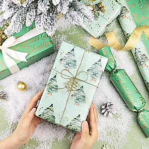 WRAPAHOLIC Reversible Christmas Wrapping Paper - Mini Roll - 17 Inch X 33 Feet - Watercolor Green Christmas Tree and Merry Christmas with Metallic Foil Shine for Holiday, Party, Celebration