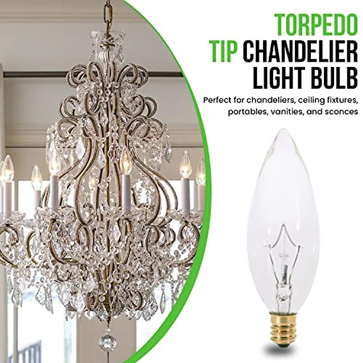 BULBMASTER 15 Watts Blunt Tip Decorative Light Bulbs Chandelier Light Bulb Candelabra Base Torpedo Clear Straight Dimmable Incandescent Light Bulbs, E12 Base Lamps Pack of 12