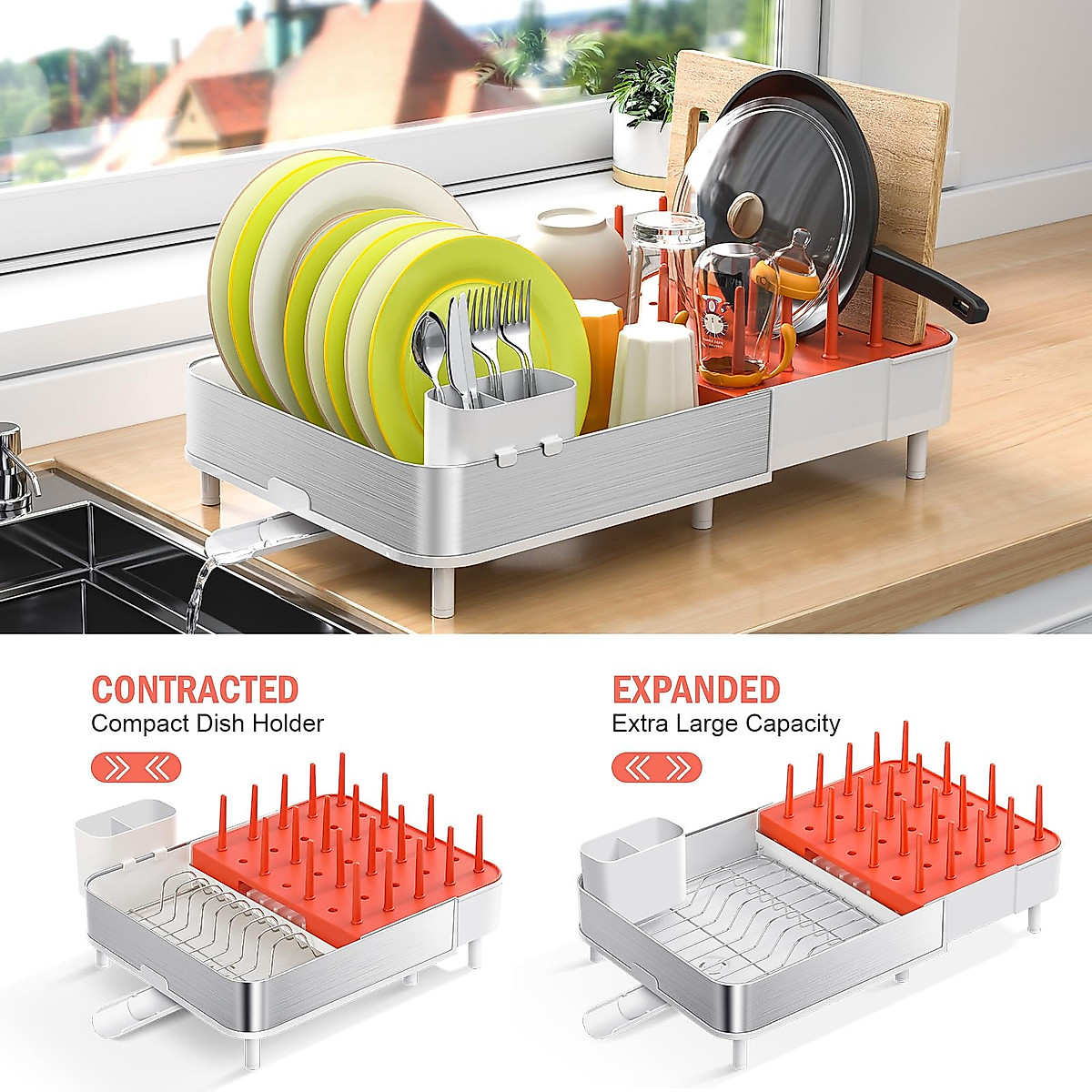 TOOLF Dish Rack, Extendable Dish Drainer, Modern Dish Drying Rack 2 in 1 Design. Expandable Drain Board in Sink, Stainless Steel Dish Racks for Kitchen Counter Utensils,Plates,Pans,Pots Organizer