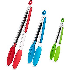 7"+9"+12" Silicone Kitchen Tongs Set, Cooking Tongs with Silicone Tips and Stainless Steel Handle, Heat Resistant Tongs for Grilling Cooking Barbecue Buffet Salad Serving, 7/9/12 Inches (Multicolor)