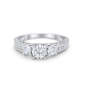 Blue Apple Co. Round Art Deco Vintage Style Three Stone Wedding Engagement Ring Simulated Cubic ZirconiaCubic Zirconia 925 Sterling Silver Size-4