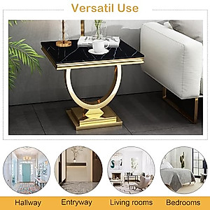 Luxury Real Marble End Table, Modern Mirrored Gold Square Sofa Side Table, Mid Century Elegant End Bedside Table with Stainless Steel Pedestal Base for Living Room Bedroom Couch