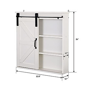 MFSTUDIO Farmhouse Small Bathroom Cabinet Wall Mounted Hanging Medicine Cabinets, Kitchen Storage Organizer with Rustic Barn Door for Living Room Bedroom, Ivory