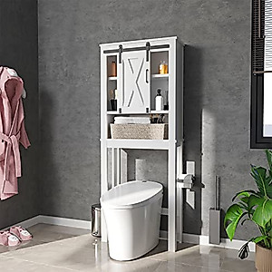 Farmhouse Over The Toilet Storage, Freestanding Over Toilet Bathroom Organizer with Sliding Barn Door, Space Saver Toilet Stands for Bathroom, 68 Inch, White