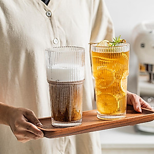 INSETLAN 20 oz Ribbed Glass Tumblers with Lids and Glass Straws – 4-Piece Glassware Set, Thickened Glass, Ideal for Iced Coffee, Smoothies, Cocktails, and Juices – Elegant and Durable Drinkware