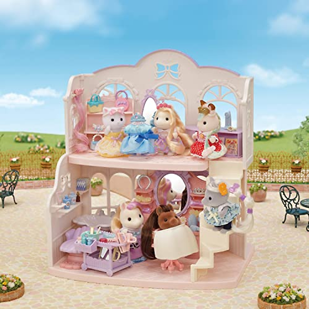 Calico Critters Pony's Stylish Hair Salon - 2-Story Salon Playset w/ Poseable Figure & 40+ Hair Styling Accessories for Ages 3+