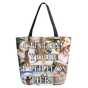 Naanle Personalized Canvas Tote Bag with Photos Customized Picture Women Casual Shoulder Bag Custom Handbag Cotton Bag Gift for 4 Photos Collage