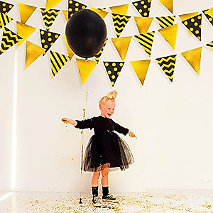 39 Ft Black Gold Triangle Pennant Banner Metallic Foil Polka Dot Stripe Paper Flag Bunting Garland Streamer for Birthday Anniversary Graduation Wedding Bridal Shower Party Decorations Supplies
