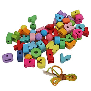 51Pcs Wooden Lacing Beads, Alphabet Letters Numbers Threading String Toys Preschool Fine Motor Skills Toy for Kids Boys Girls