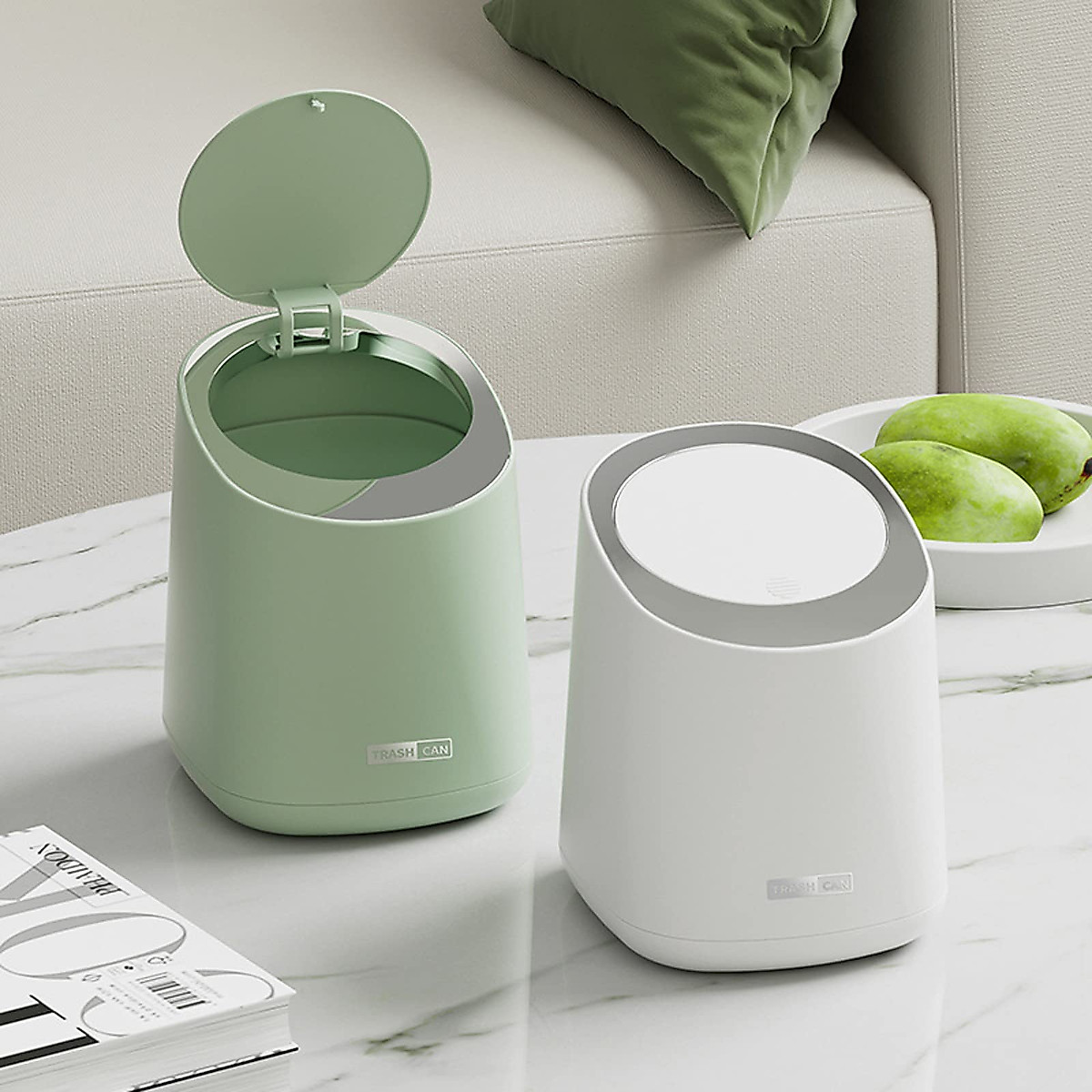 QLFJ-FurDec Mini Desktop Trash Can with 90 Trash Bags, Press-Type Countertop Wastebasket with Lid, Small Plastic Garbage Can for Bathroom Bedroom Living Room Dressing Table(White)