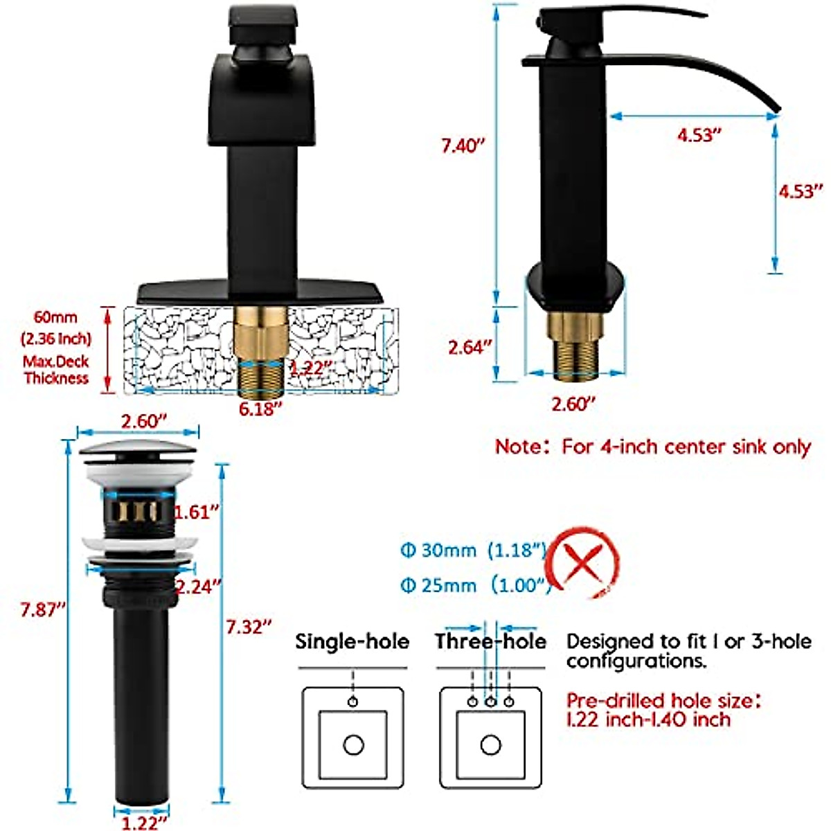 FRUD Waterfall Spout Bathroom Faucet Single Handle Bath Vanity Sink Faucet with Deck Mount,Water Supply Hoses Included (7.5 inch with Pop Up Drain,Nickel)