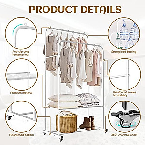 Metal Clothes Hanging Rolling Garment Rack with 2 Tier Shelves and Double Rod, Multi-Purpose Double Rail Standing Closet Storage Organizer, Upgrade Heavy Duty Rolling Pipe Coat Hanger for Boxes Shoes